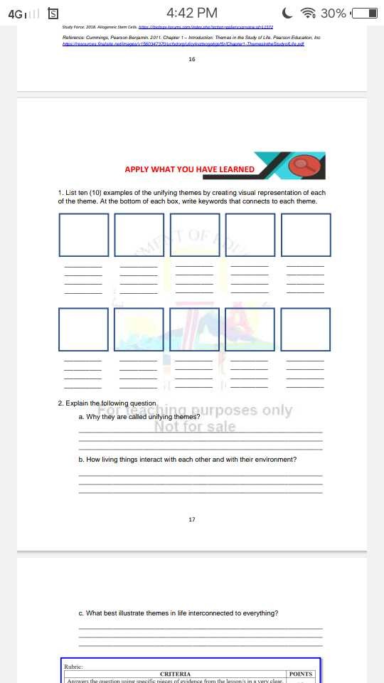 4 G1 4:42 PM 30 % 16 APPLY WHAT YOU HAVE LEARNED 1. List ten (10) examples of the unifying ...