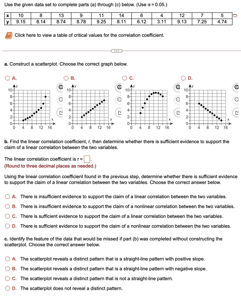 SOLVED: Use the given data set to complete parts (a) through (c) below. (Use alpha =0.05.) Click ...