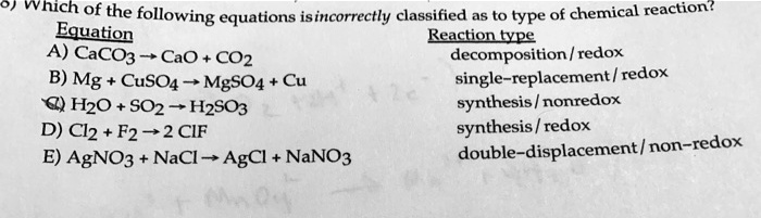SOLVED: wvhich of the following equations isincorrectly classified as ...