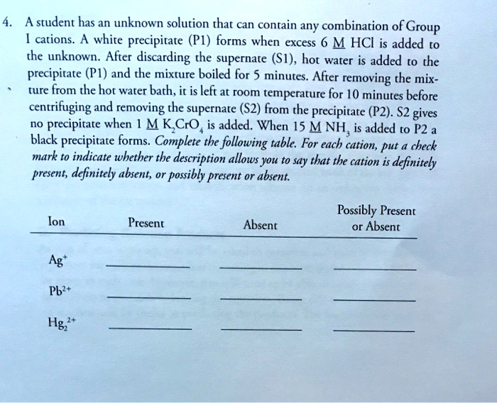 4. A student has an unknown solution that can contain any combination ...