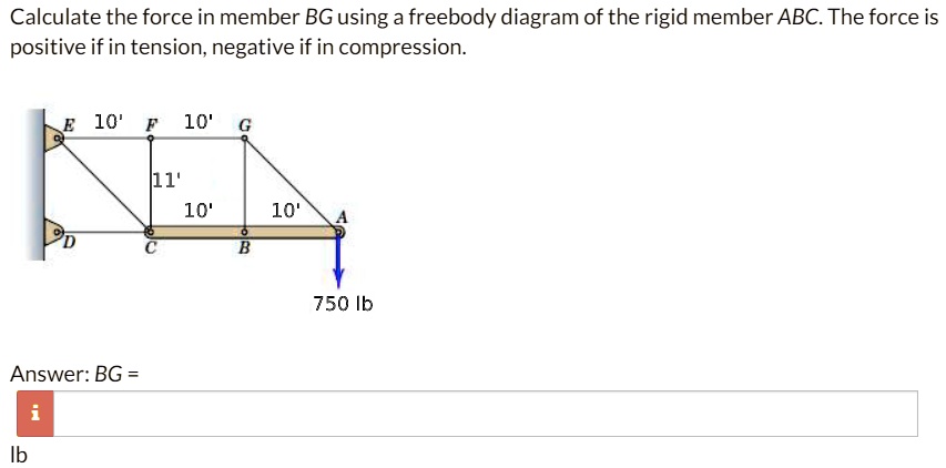SOLVED: Calculate the force in member BG using a freebody diagram of the rigid member ABC. The ...