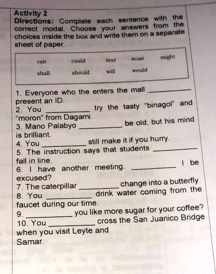activity 2 directions complete each sentence with the correct modal choose your answers from the ...