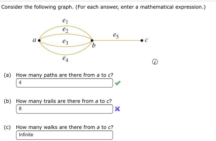 Consider the following graph. (For each answer, enter a mathematical ...
