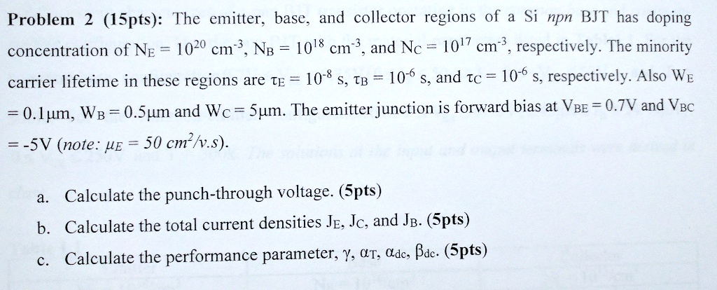 Problem 2 (15pts): The emitter, base, and collector regions of a Si npn ...
