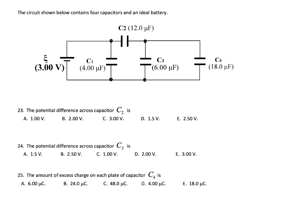 the circuit shown below contains four capacitors and an ideal battery ...
