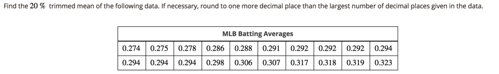 SOLVED: Find the 20 % trimmed mean of the following data: If necessary ...
