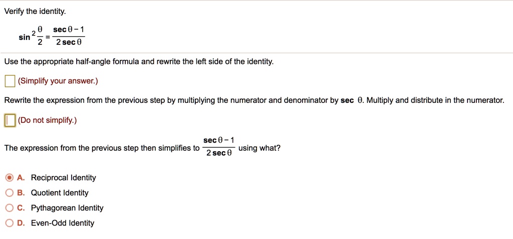SOLVED: Verify the identity: 2 0 sec 0 - sin 2 sec 0 Use the ...