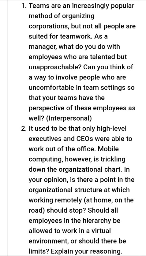 1. Teams are an increasingly popular method of organizing corporations ...