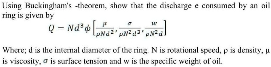Using Buckingham's -theorem, show that the discharge e consumed by an oil ring is given by Q ...