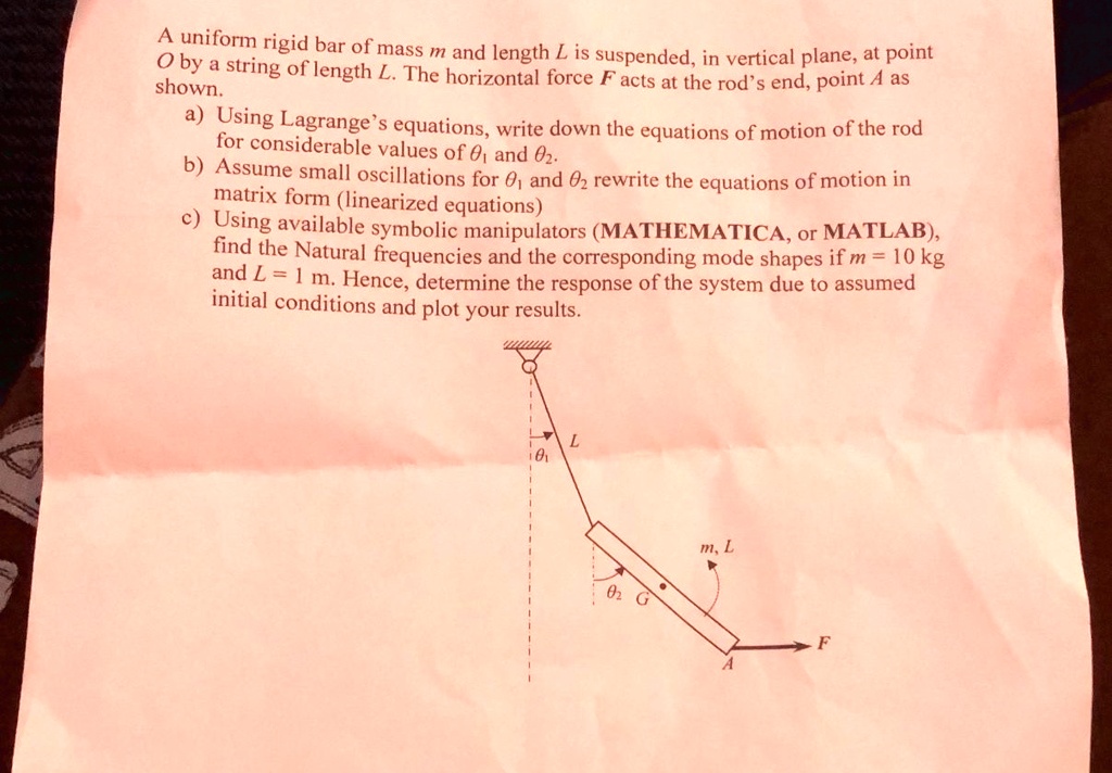 A uniform rigid bar of mass m and length L is suspended, in vertical ...