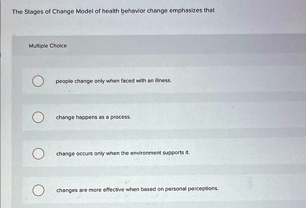 SOLVED: The Stages of Change Model of health behavior change emphasizes ...