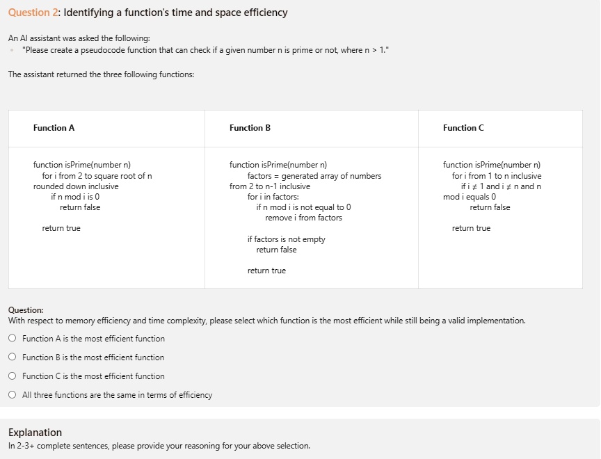 SOLVED: Question 2: Identifying a function's time and space efficiency An Al assistant was asked ...