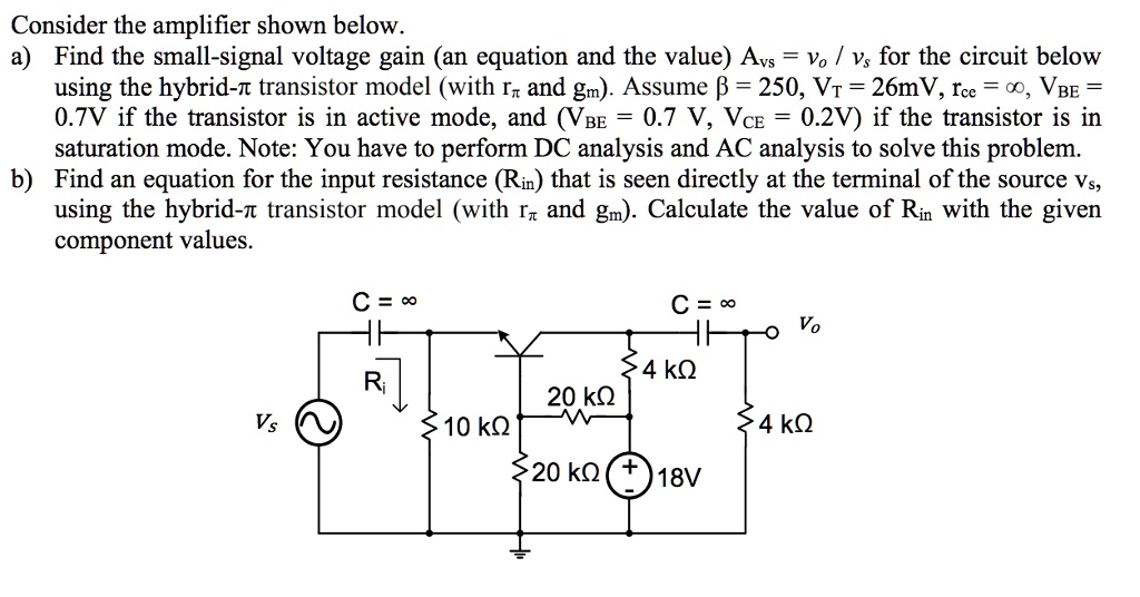 SOLVED: Consider the amplifier shown below. a) Find the small-signal voltage gain (an equation ...