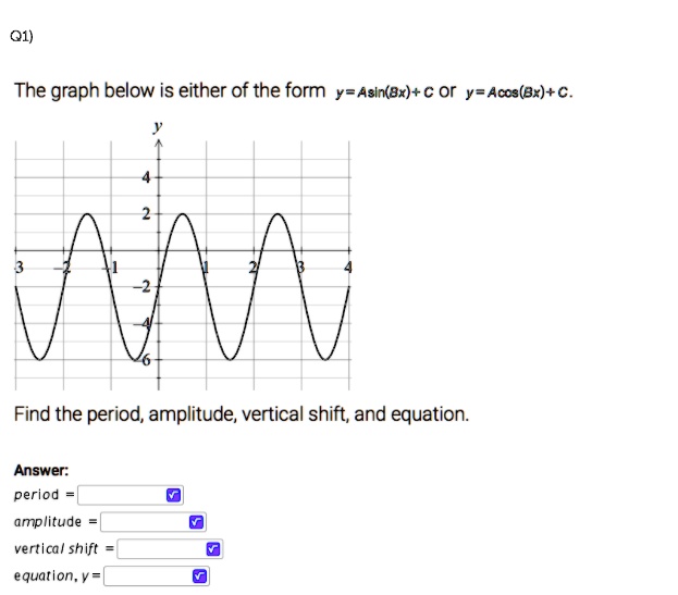 SOLVED: Q1) The graph below is either of the form y= AsIn(8x)+C Or y= Accs(Bx)+c. Find the ...