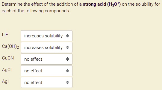 SOLVED: Determine the effect of the addition of strong acid (H3O+) on the solubility for each of ...
