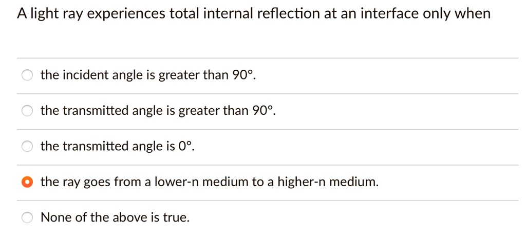 SOLVED:light ray experiences total internal reflection at an interface ...