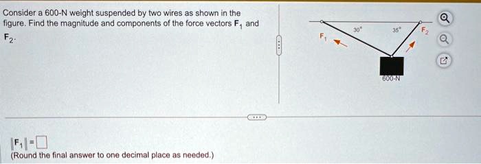 Consider a 600-N weight suspended by two wires as shown in the figure. Find the magnitude and ...
