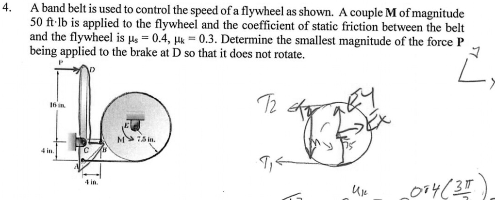 4. A band belt is used to control the speed of a flywheel as shown. A ...
