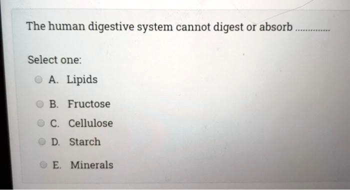 SOLVED:The human digestive system cannot digest or absorb Select one ...