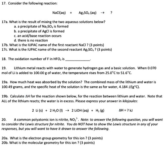 SOLVED: Consider the following reaction: NaCl (aq) + Ag2SO4 (aq) 1a ...