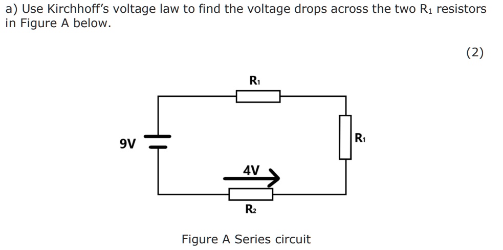 a) Use Kirchhoff's voltage law to find the voltage drops across the two R1 resistors in Figure A ...