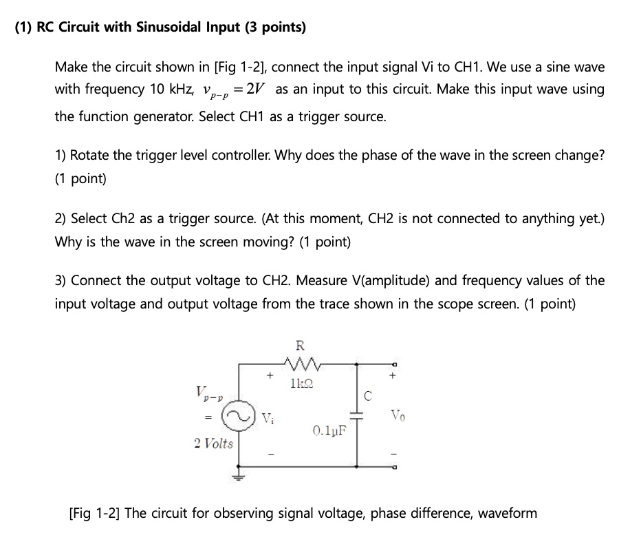 SOLVED: RC Circuit with Sinusoidal Input (3 points) Make the circuit shown in [Fig 1-2], connect ...