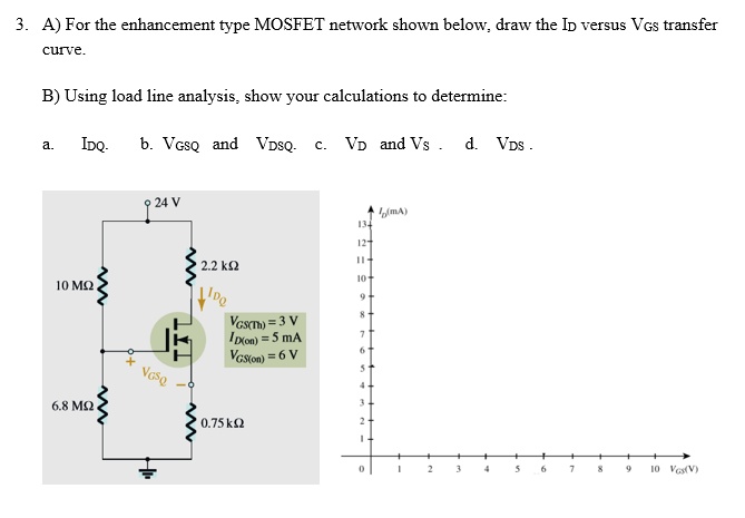 SOLVED: A) For the enhancement type MOSFET network shown below, draw the ID versus VGS transfer ...