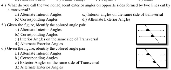 SOLVED: What do you call the two nonadjacent exterior angles on opposite sides formed by two ...