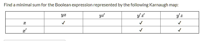 SOLVED: Find minimal sum for the Boolean expression represented by the ...