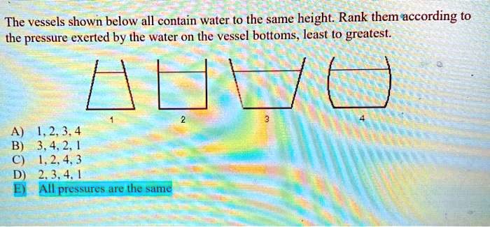 the vessels shown below all contain water t0 the same height rank them according to the pressure ...