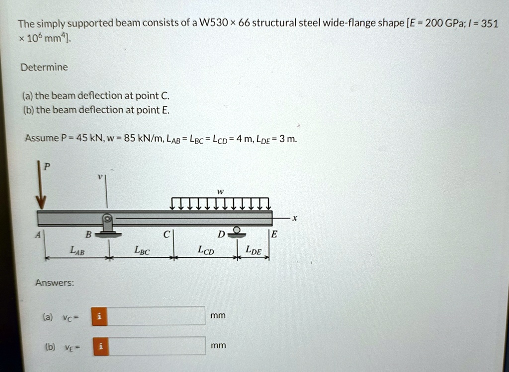 the simply supported beam consists of a w530 66 structural steel wide flange shape e 200 gpa i ...