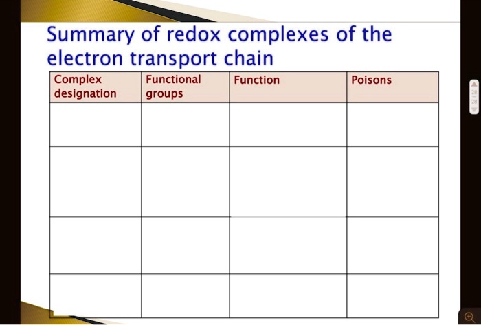 SOLVED: Summary of redox complexes of the electron transport chain ...