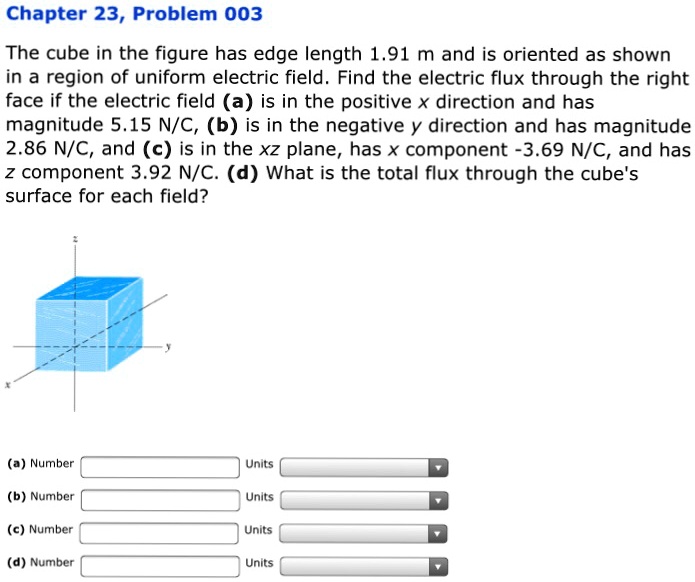 SOLVED: Chapter 23, Problem 003 The cube in the figure has edge length 1.91 m and is oriented as ...