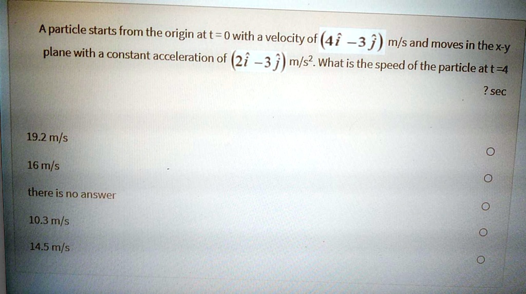 SOLVED: A particle starts from the origin at t=0 with a velocity of (4i - 3j) m/s and moves in ...