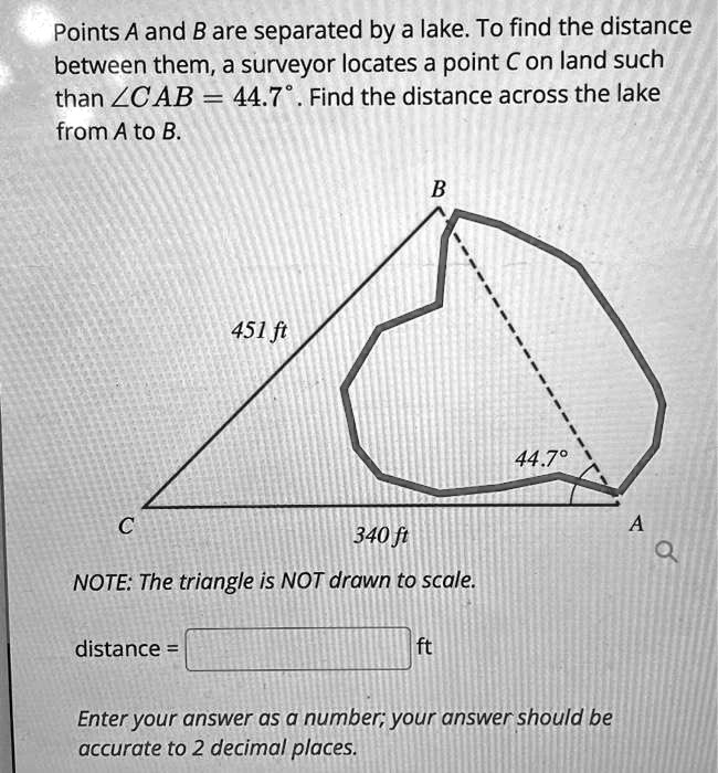 points a and b are separated by a laketo find the distance between ...