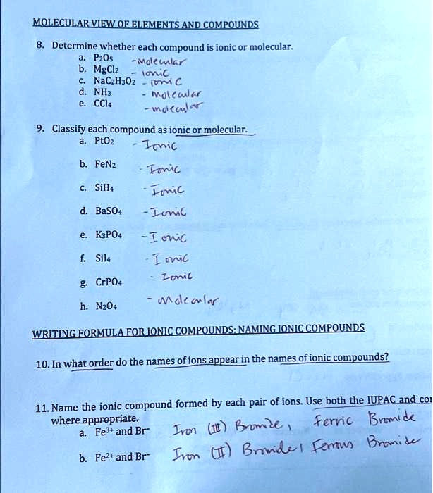 SOLVED: MOLECULAR VIEW OF ELEMENTS AND COMPOUNDS 8. Determine whether each compound is ionic or ...