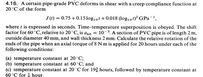 SOLVED: 4.16. A certain pipe-grade PVC deforms in shear with a creep ...
