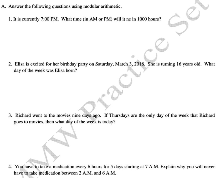 answer the following questions using modular arithmetic 1 it is ...