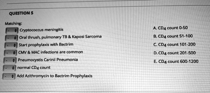SOLVED: Matching: Cryptococcus meningitis, Oral thrush; pulmonary TB ...