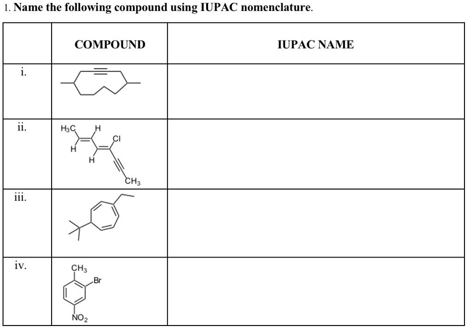 SOLVED: Name the following compound using IUPAC nomenclature: i. HsC ii. CH3 iii. iv. NO2 v. CH3