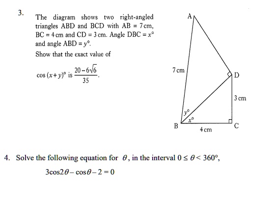 SOLVED: The diagram shows two right-angled triangles ABD and BCD with AB = 7 cm, BC = âˆš6 cm ...