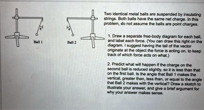 two identical metal balls are suspended by insulating strings both ...
