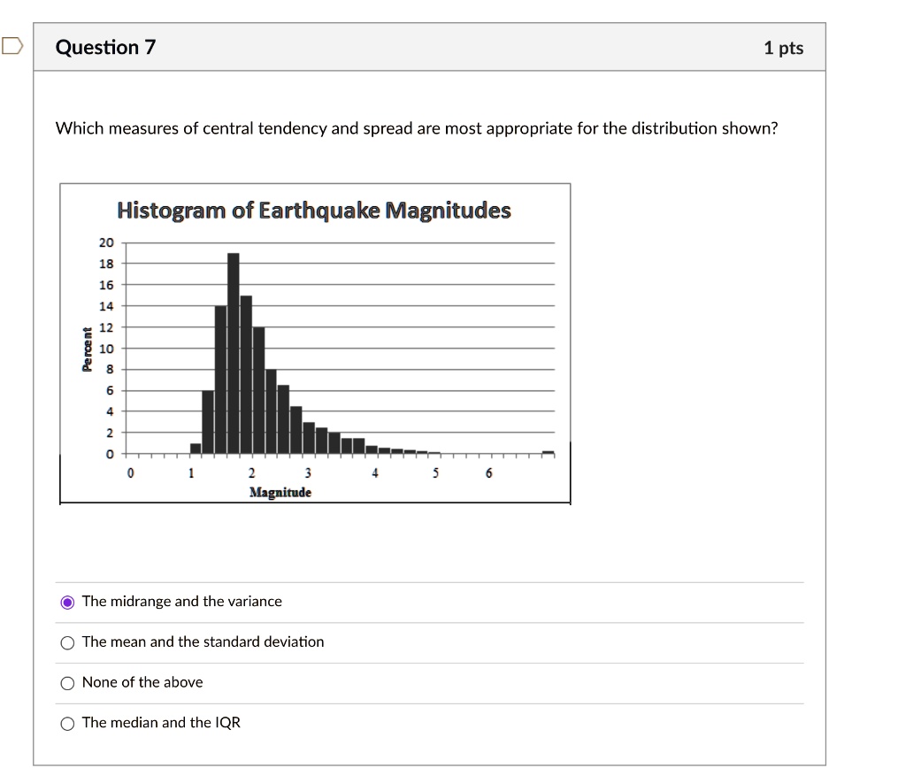 Question 7 1 pts Which measures of central tendency and spread are most ...