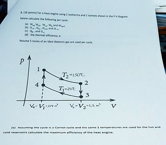 8. (16 points) For a heat engine using 2 isotherms and 2 isomets shown in the P-V diagram below ...