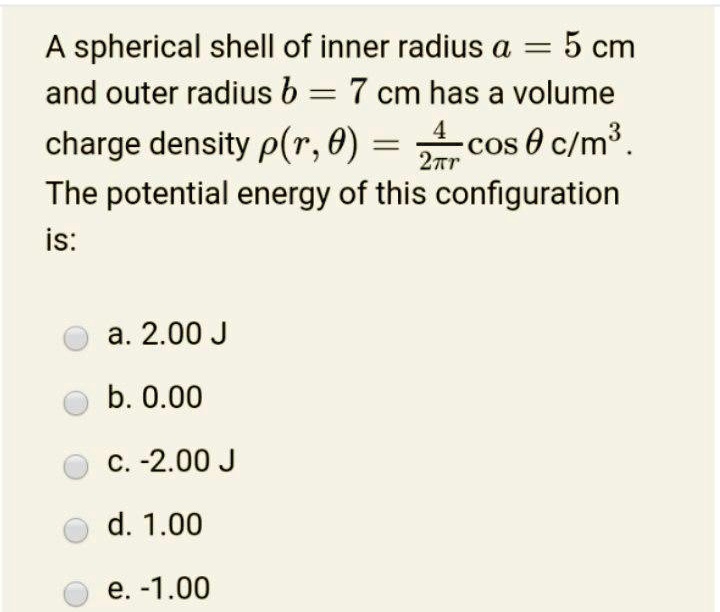 SOLVED:A spherical shell of inner radius @ = 5 cm and outer radius b ...