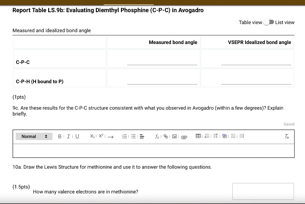 SOLVED: Report Table LS.9b: Evaluating Dimethyl Phosphine (C-P-C) in ...