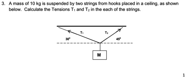 SOLVED: A mass of 10 kg is suspended by two strings from hooks placed in ceiling as shown below ...