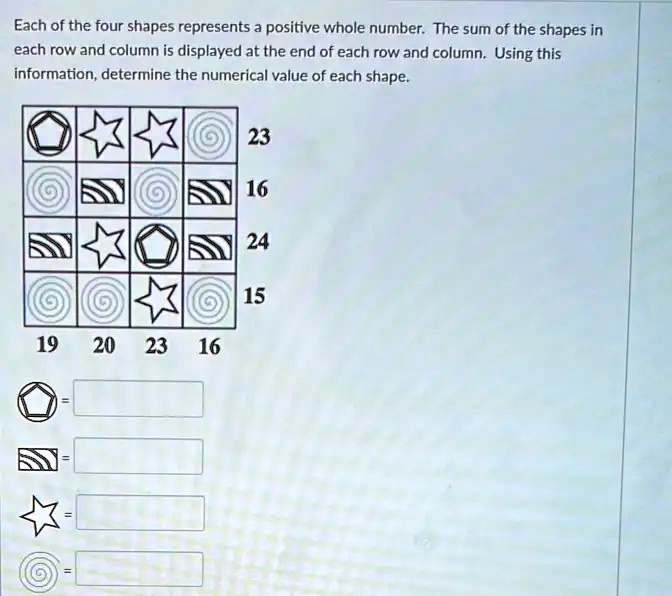 SOLVED: Each of the four shapes represents positive whole number: The sum of the shapes in each ...