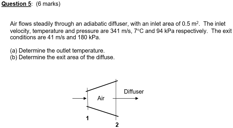 SOLVED: Question 5: (6 marks) Air flows steadily through an adiabatic diffuser, with an inlet ...
