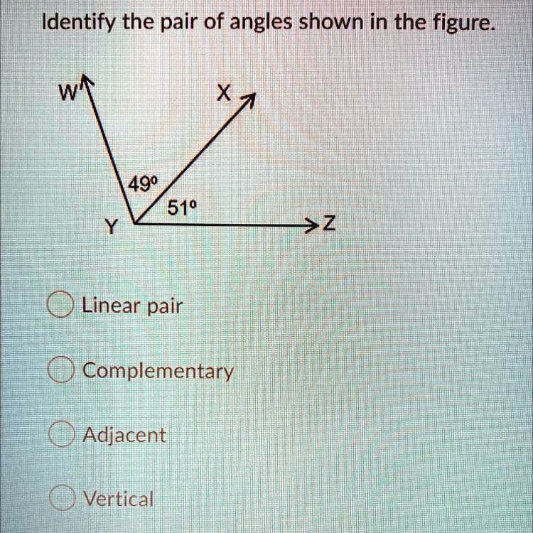 SOLVED: 'Identify the pair of angles shown in the picture Identify the ...